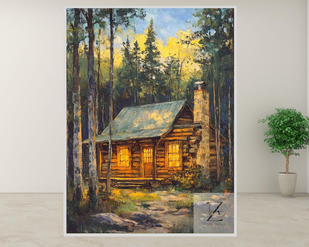 Fall Forest Cabin Landscape Painting - Rustic Autumn Wall Art, Earthy ...
