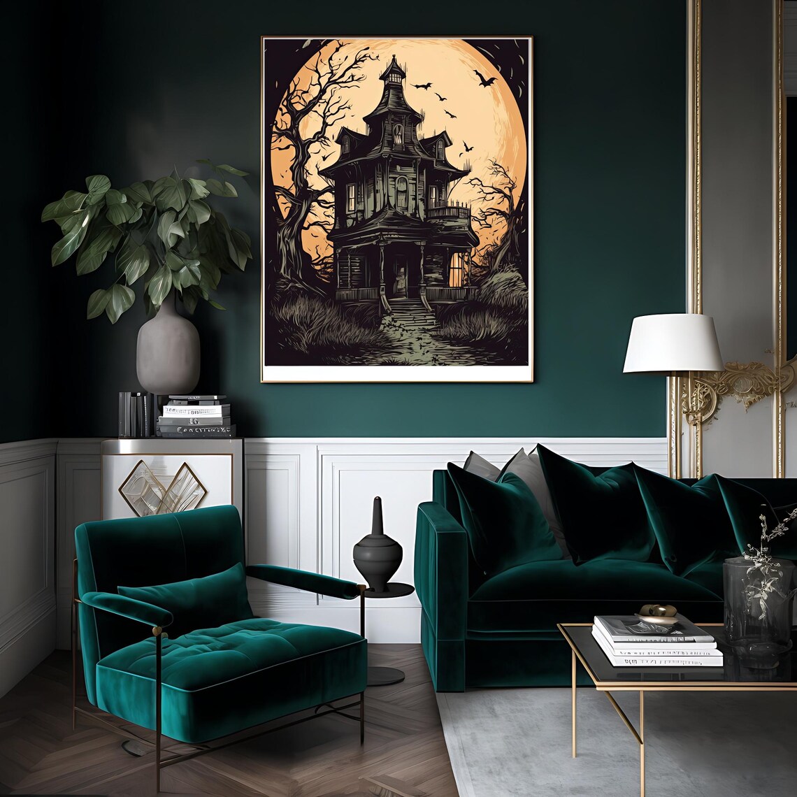 Spooky Haunted House Printable - Vintage Halloween Decor, Silhouette ...