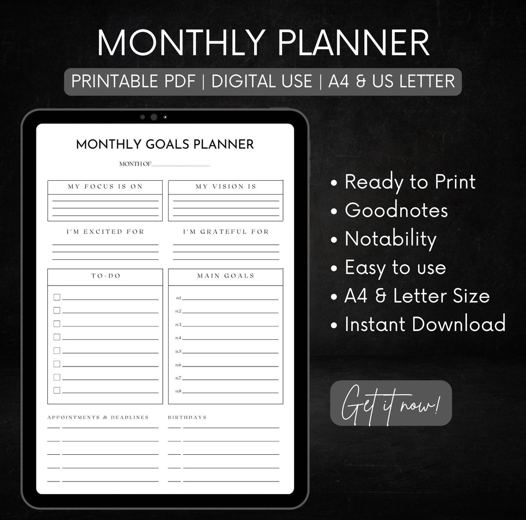 Monthly Goals Planner Printable, To-do List, Monthly Scheduler, 30 Days ...
