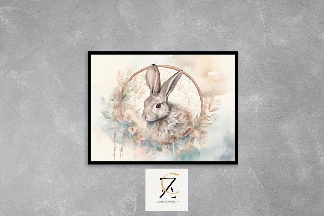 Boho Bunny Printable Wall Art - Dreamcatcher Rabbit Watercolor ...