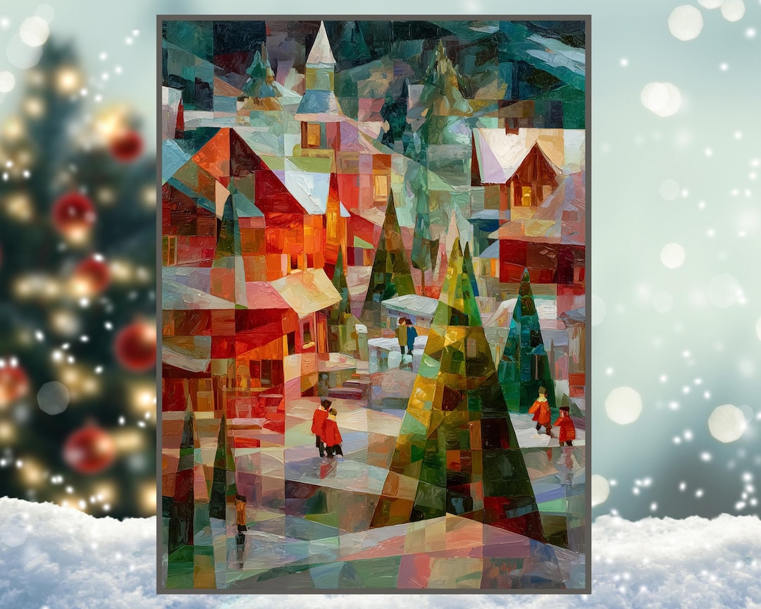 Festive Christmas Village Painting - Abstract Cubist Winter Scene ...