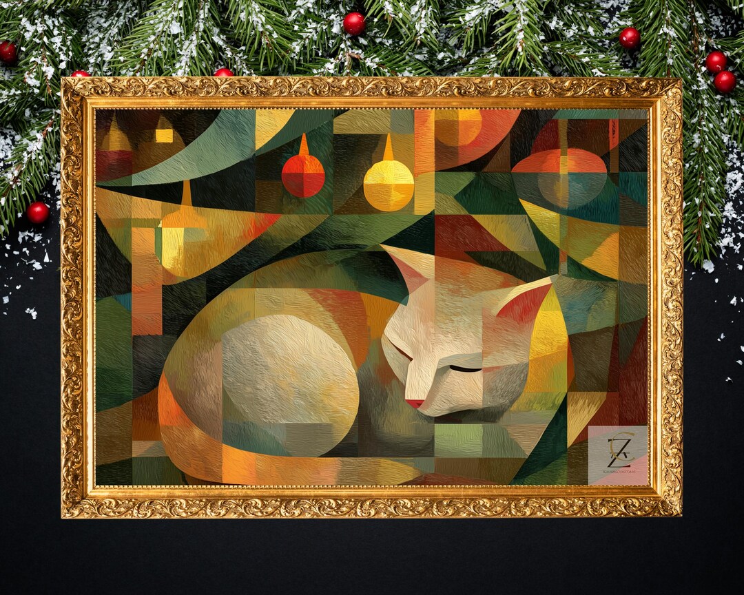 Festive Cubist Cat Under Christmas Tree - Cozy Christmas Scene With ...