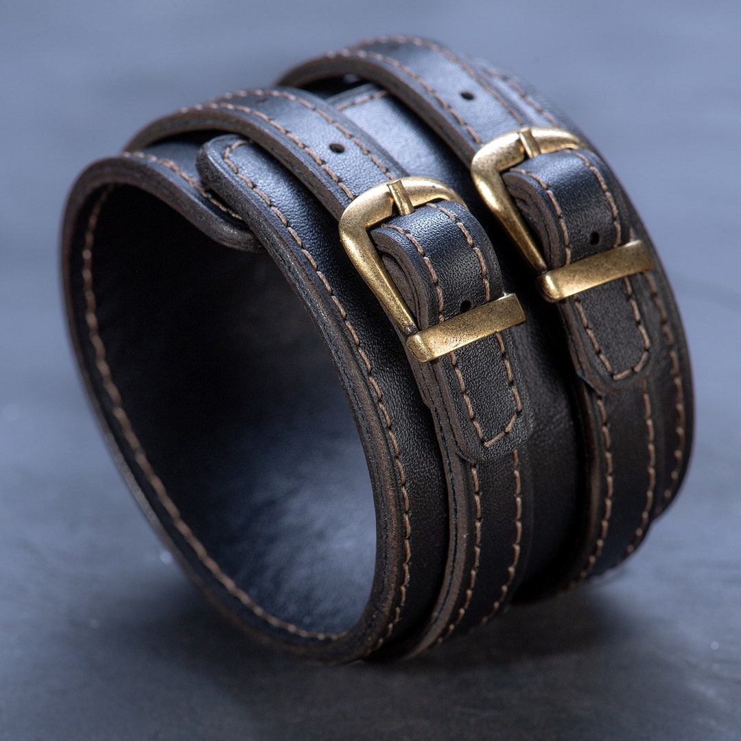 Double Strap Leather Cuff,black Leather Bracelet, Leather Wristband ...