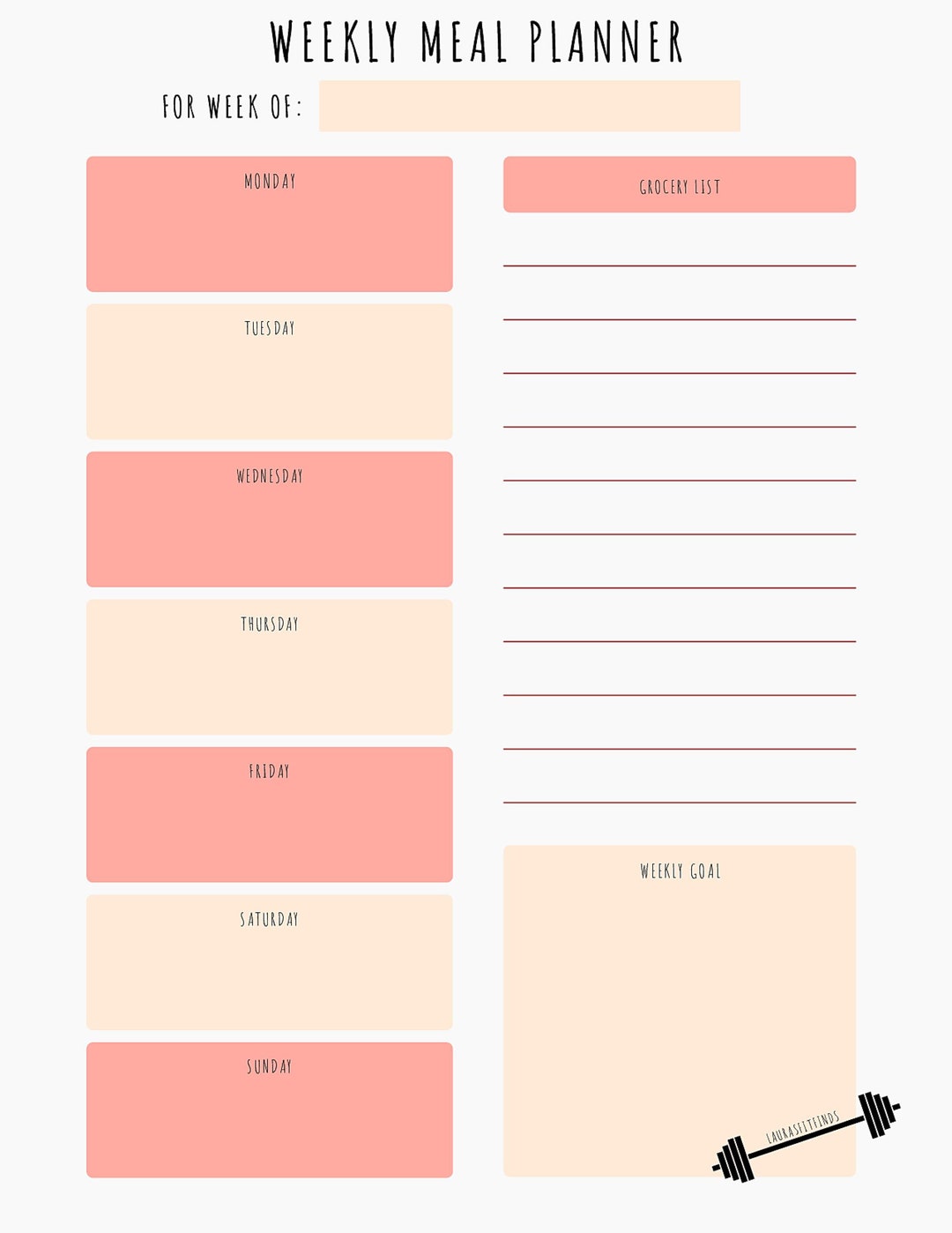 Weekly Meal Planner With Grocery List and Weekly Goal Setting - INSTANT ...