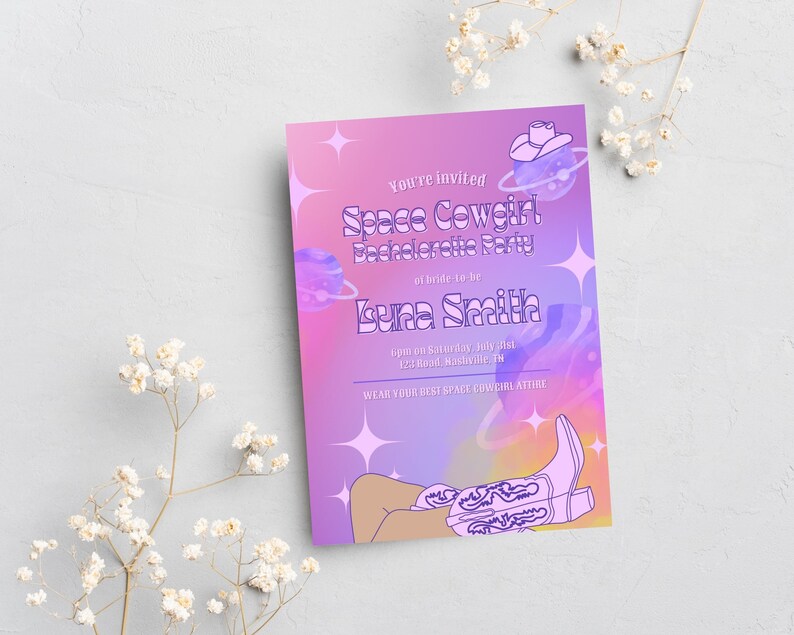 Space Cowgirl Bachelorette Invitation | Holographic Galaxy Invite ...