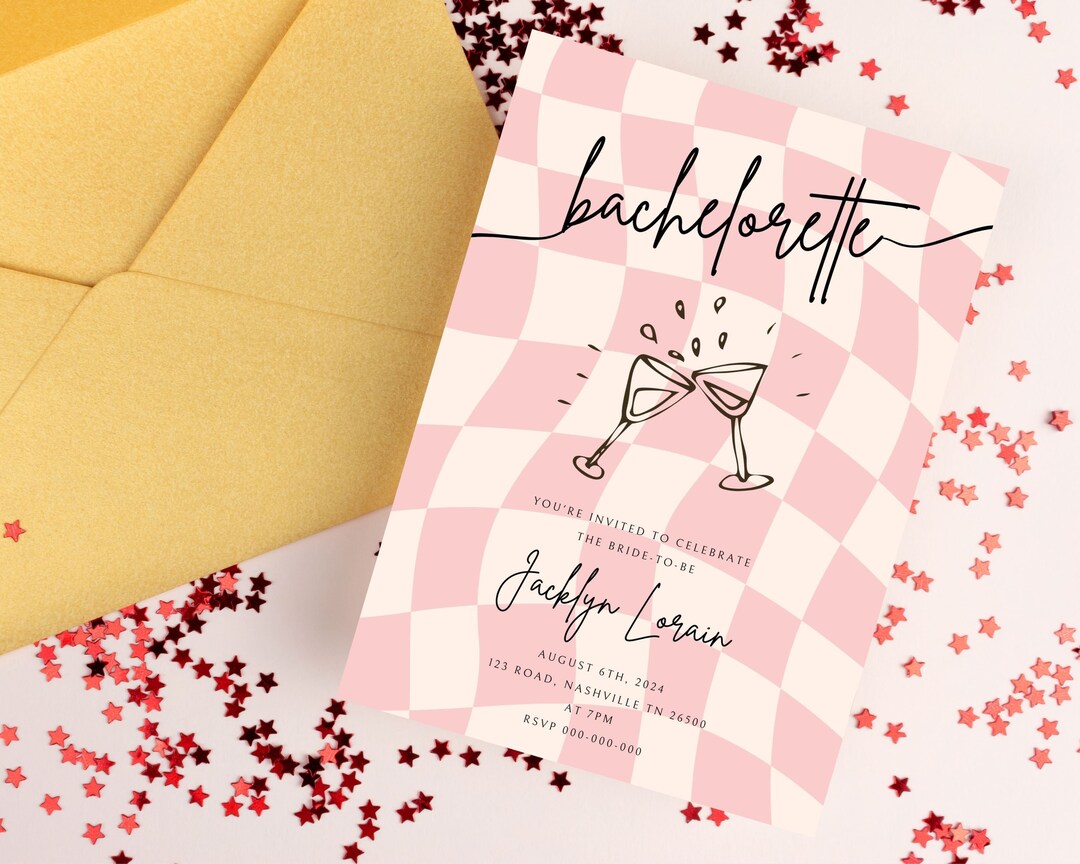 Checker Pink Bachelorette Invite | Retro Checker Invitation Template - Etsy