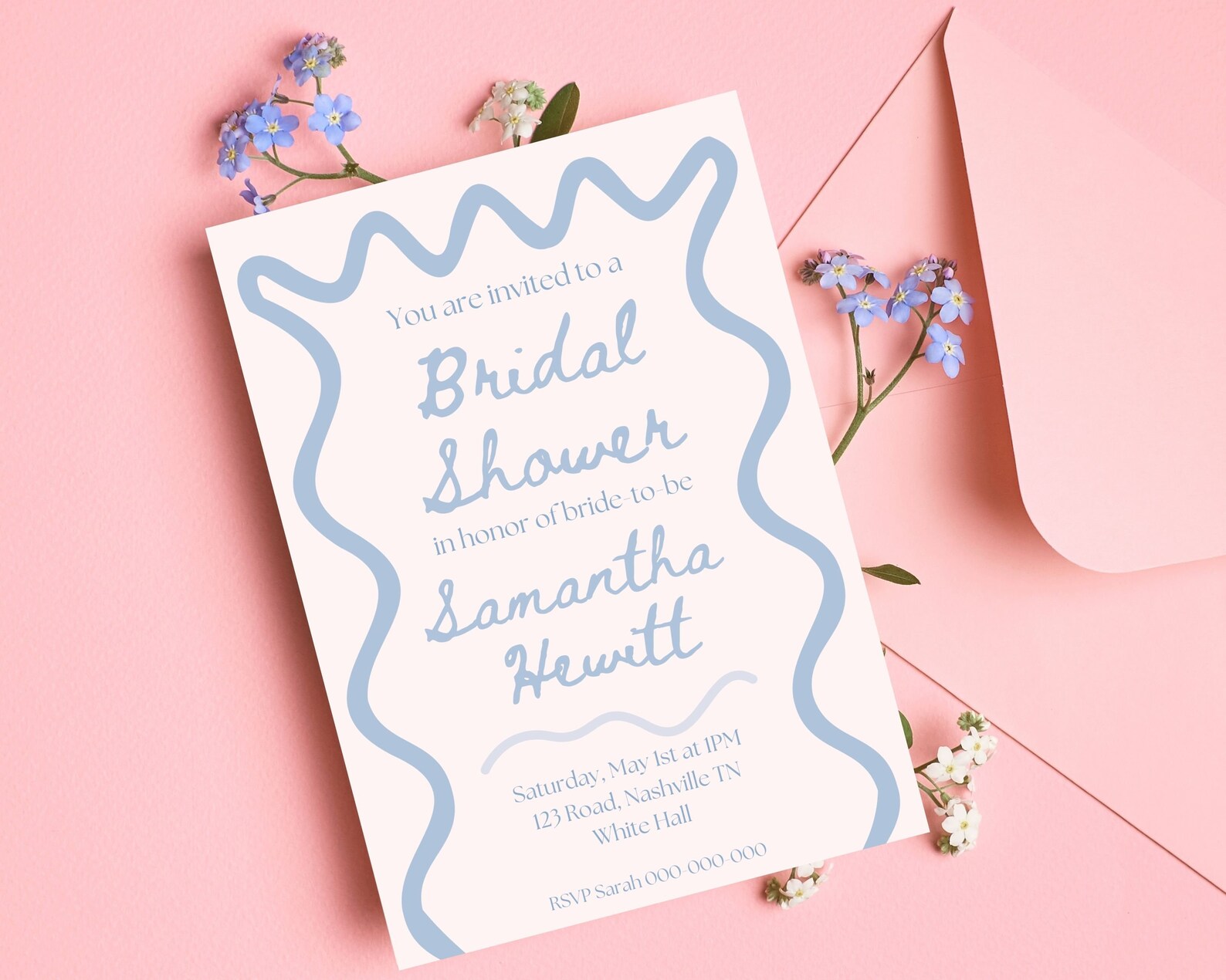 Blue Line Squiggle Bridal Shower Invitation | Wavy Bridal Invite ...