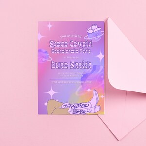 Space Cowgirl Bachelorette Invitation | Holographic Galaxy Invite ...