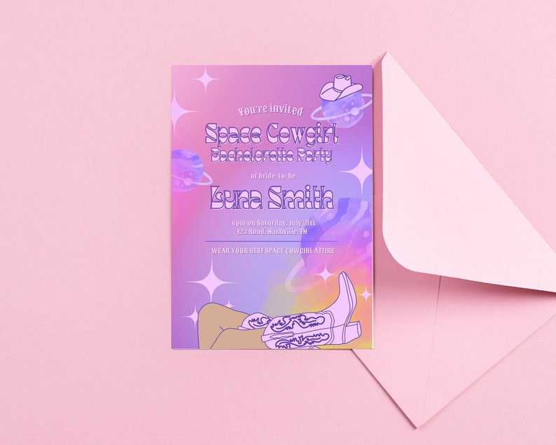 Space Cowgirl Bachelorette Invitation Holographic Galaxy Invite Disco ...