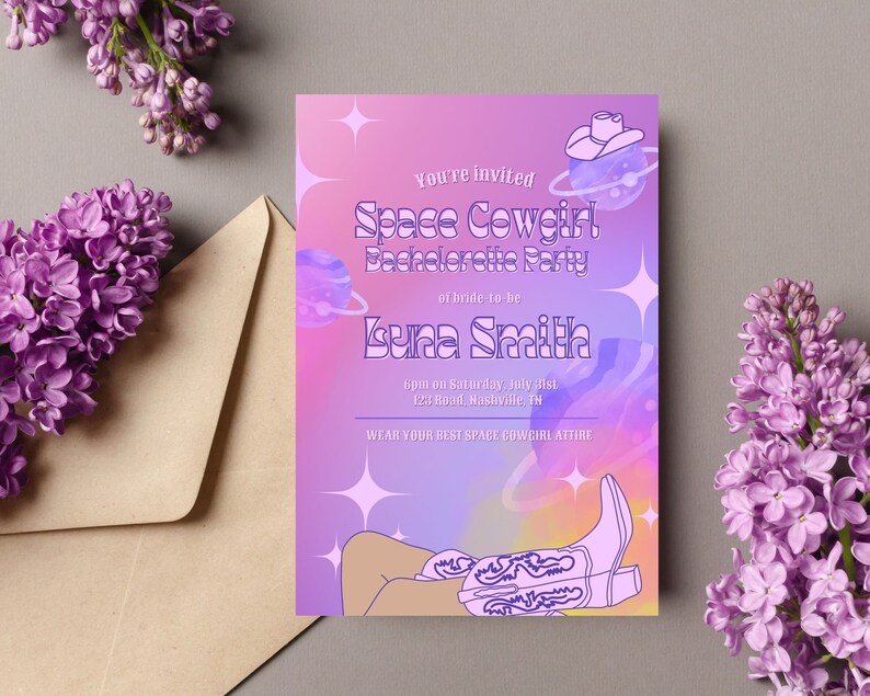 Space Cowgirl Bachelorette Invitation | Holographic Galaxy Invite ...
