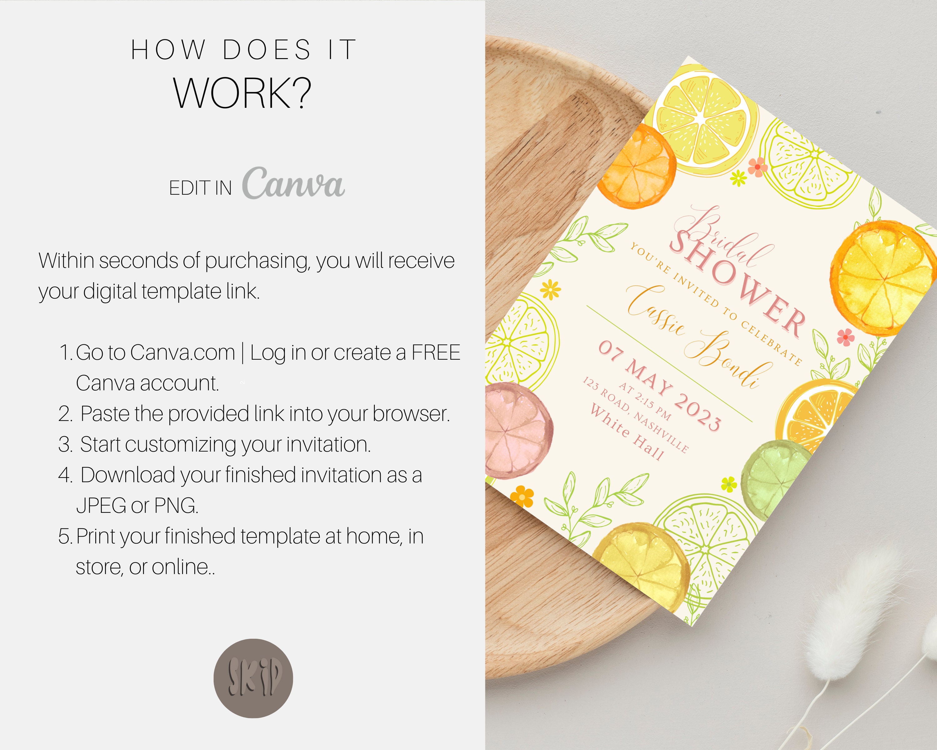 Citrus Bridal Shower Invitation Template Summer Fruit - Etsy