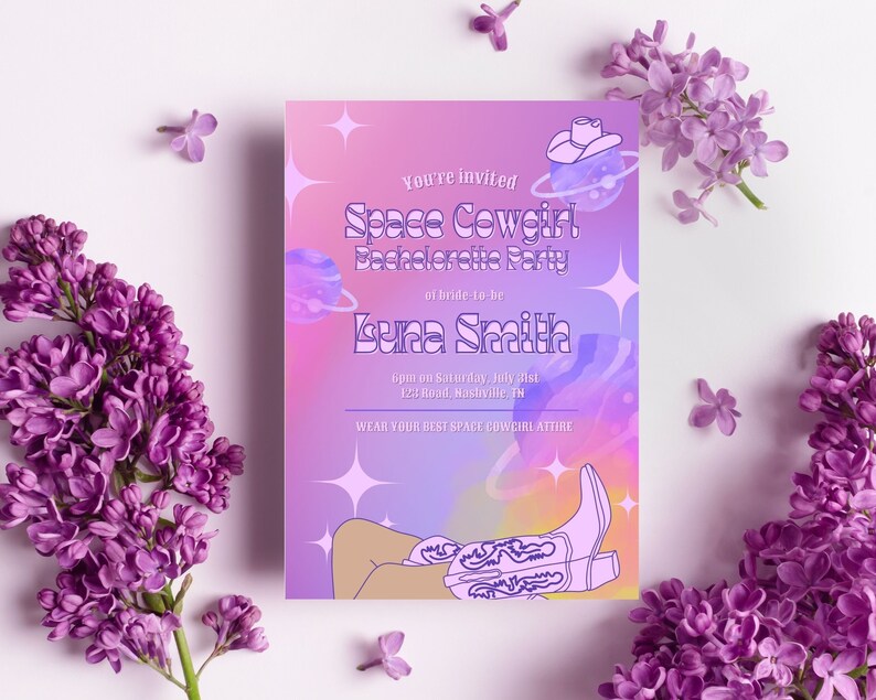 Space Cowgirl Bachelorette Invitation | Holographic Galaxy Invite ...