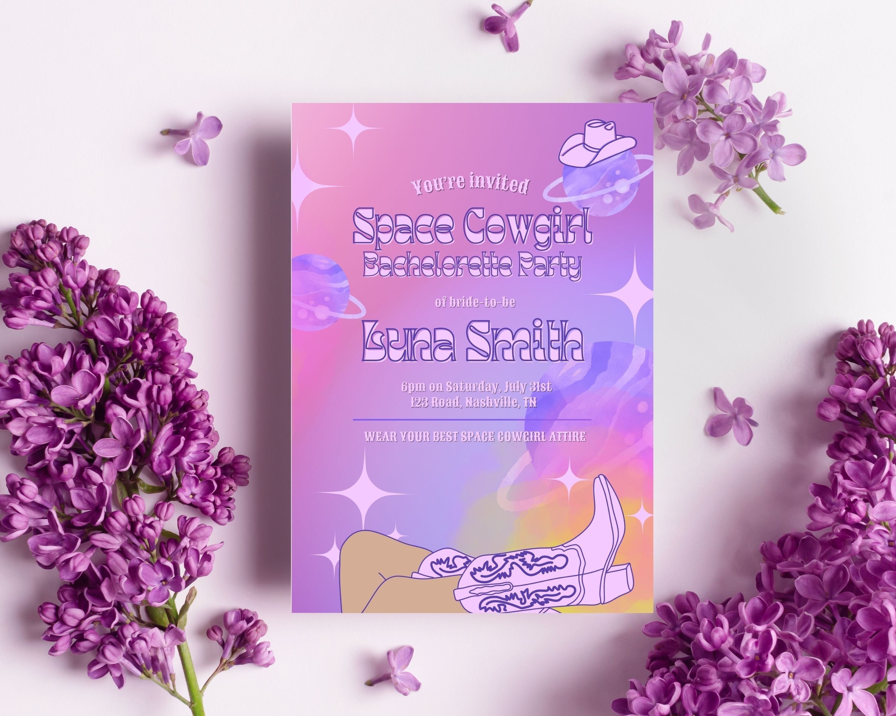 Space Cowgirl Bachelorette Invitation | Holographic Galaxy Invite ...