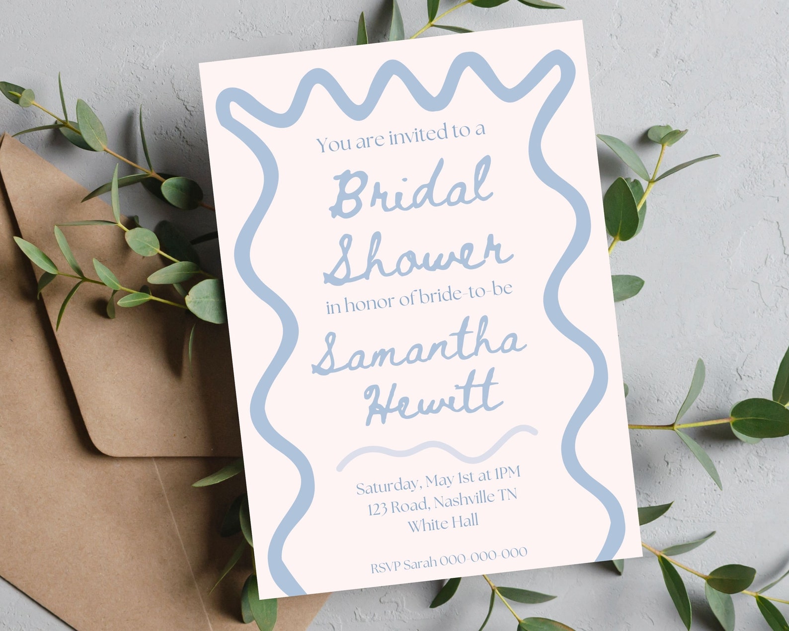 Blue Line Squiggle Bridal Shower Invitation | Wavy Bridal Invite ...