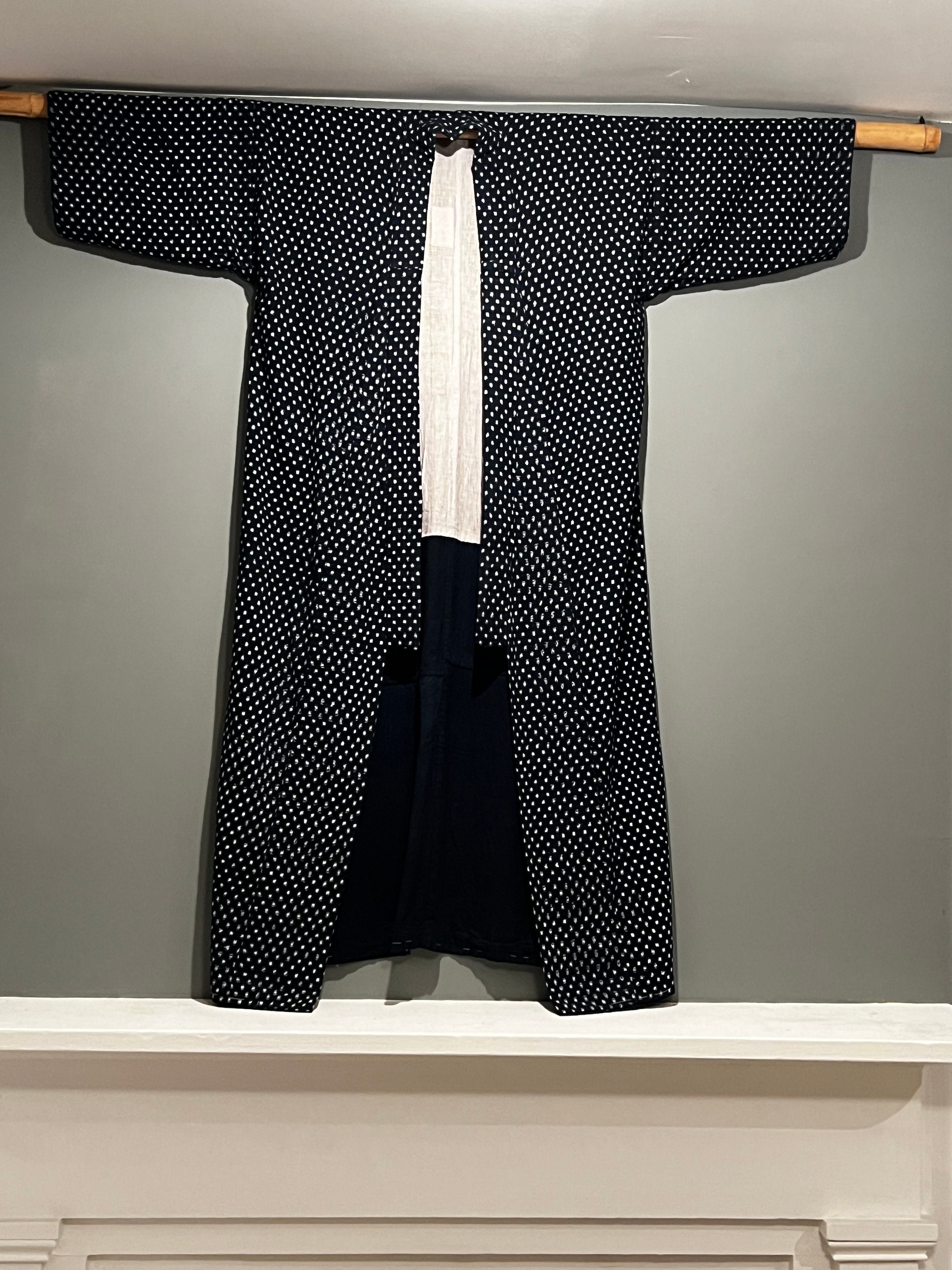 Vintage Japanese Noragi Robe Hand-stitched Cotton Indigo Dots With Blue ...