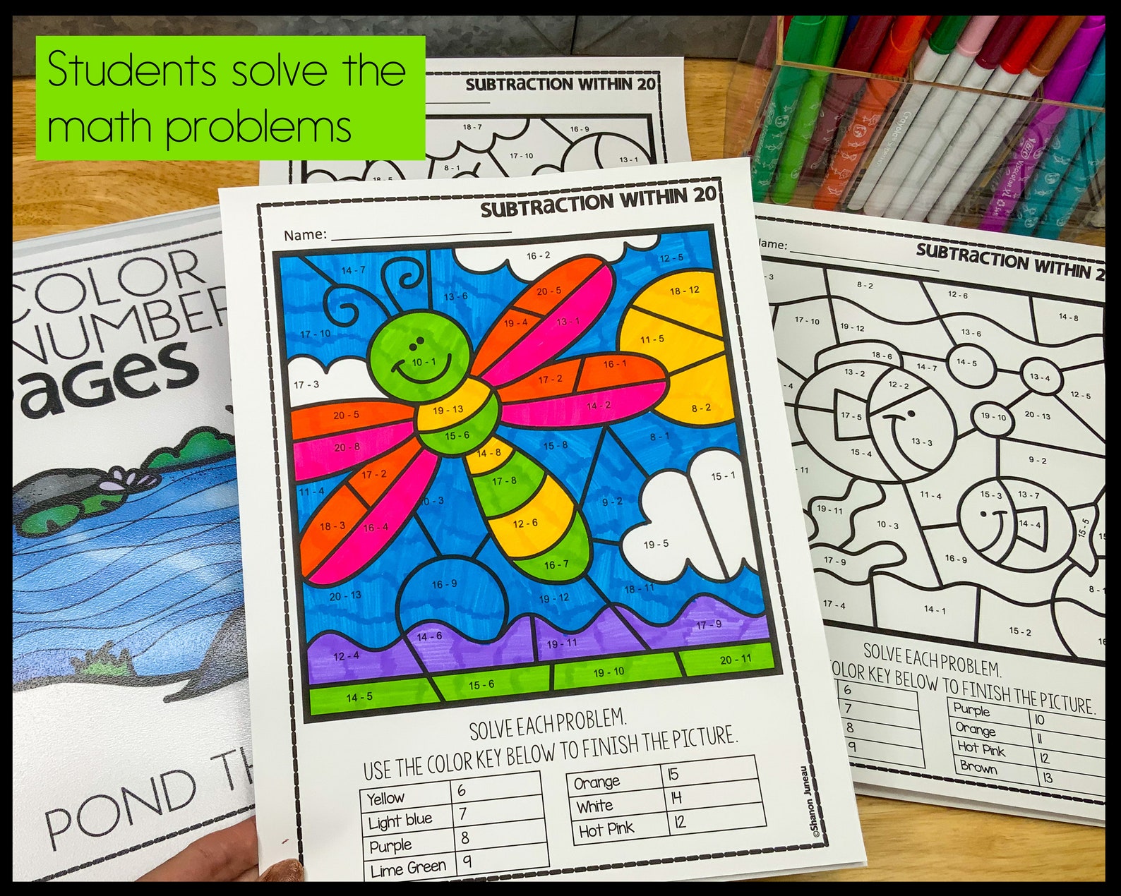 Subtraction Color by Number Worksheets, Color by Code Pond Themed Math ...