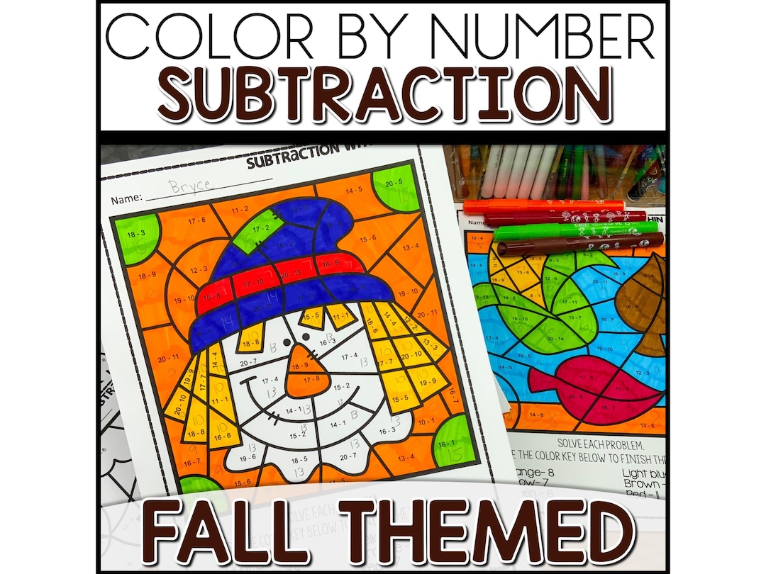 FALL Subtraction Color by Number Worksheets - Etsy