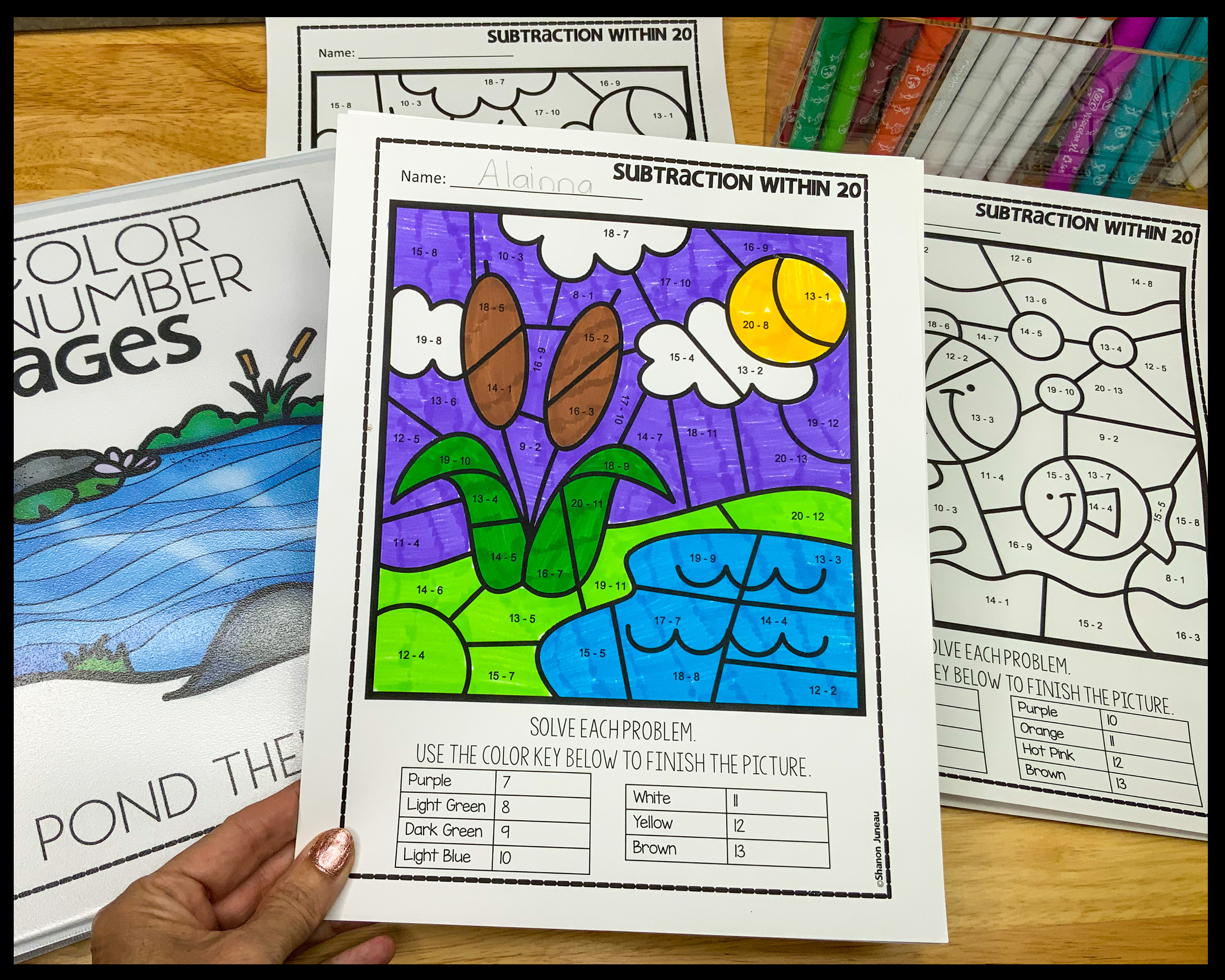 Subtraction Color by Number Worksheets, Color by Code Pond Themed Math ...