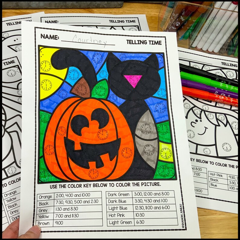 Halloween Telling Time Color by Number Worksheets, Color by Code ...