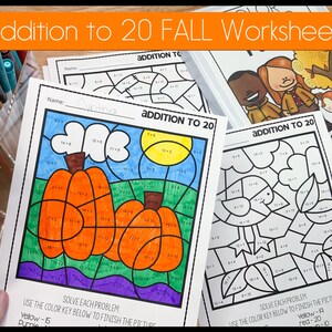 FALL Addition to 20 Color by Number Worksheets - Etsy