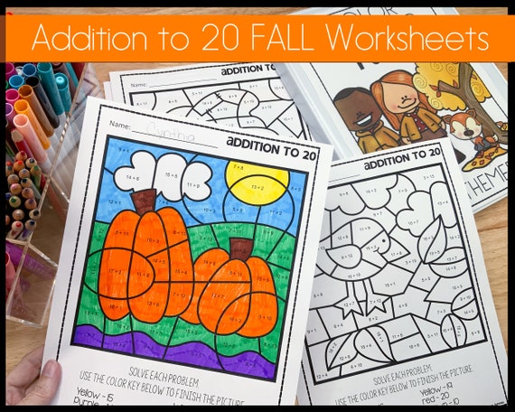 FALL Addition to 20 Color by Number Worksheets - Etsy