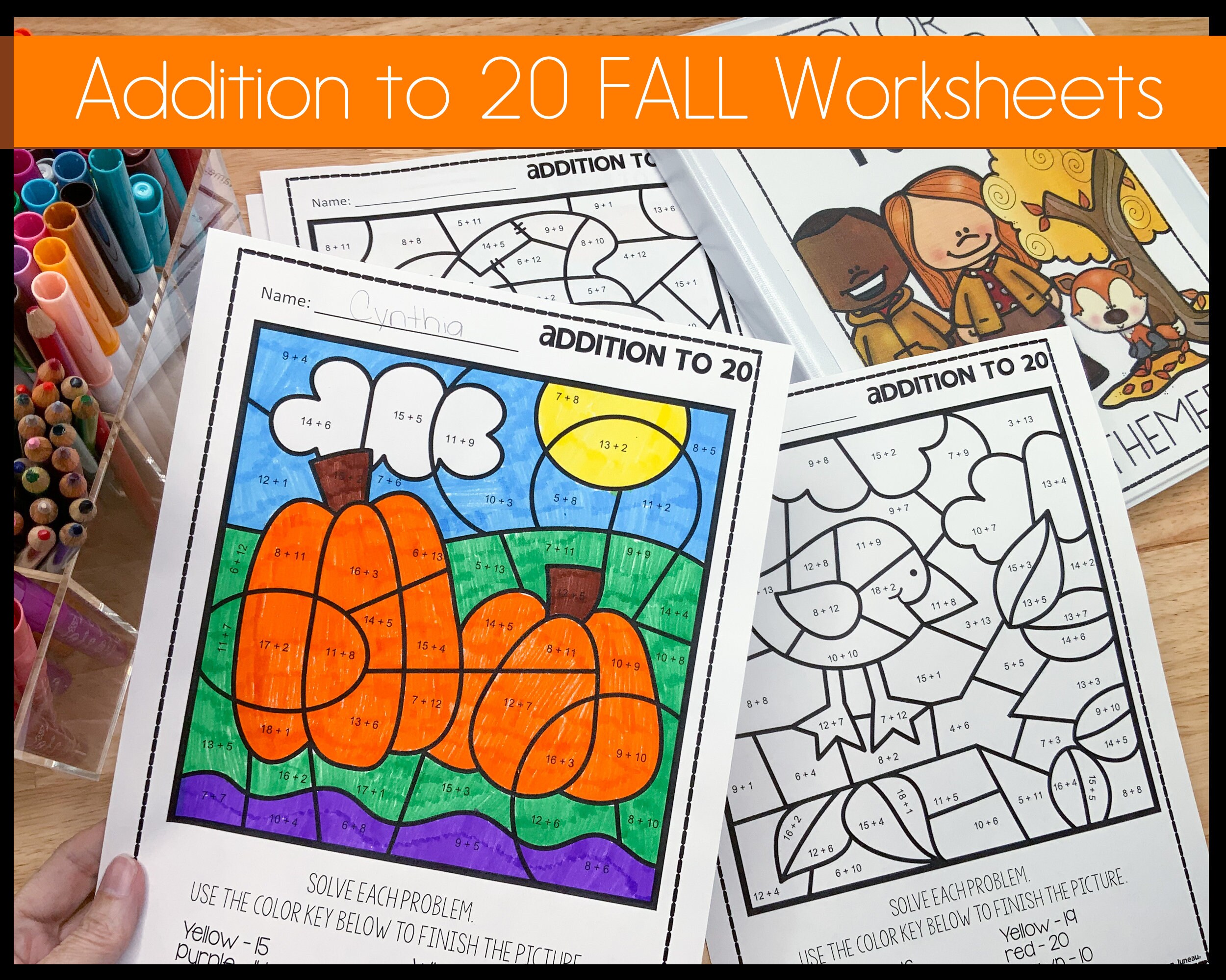FALL Addition to 20 Color by Number Worksheets - Etsy