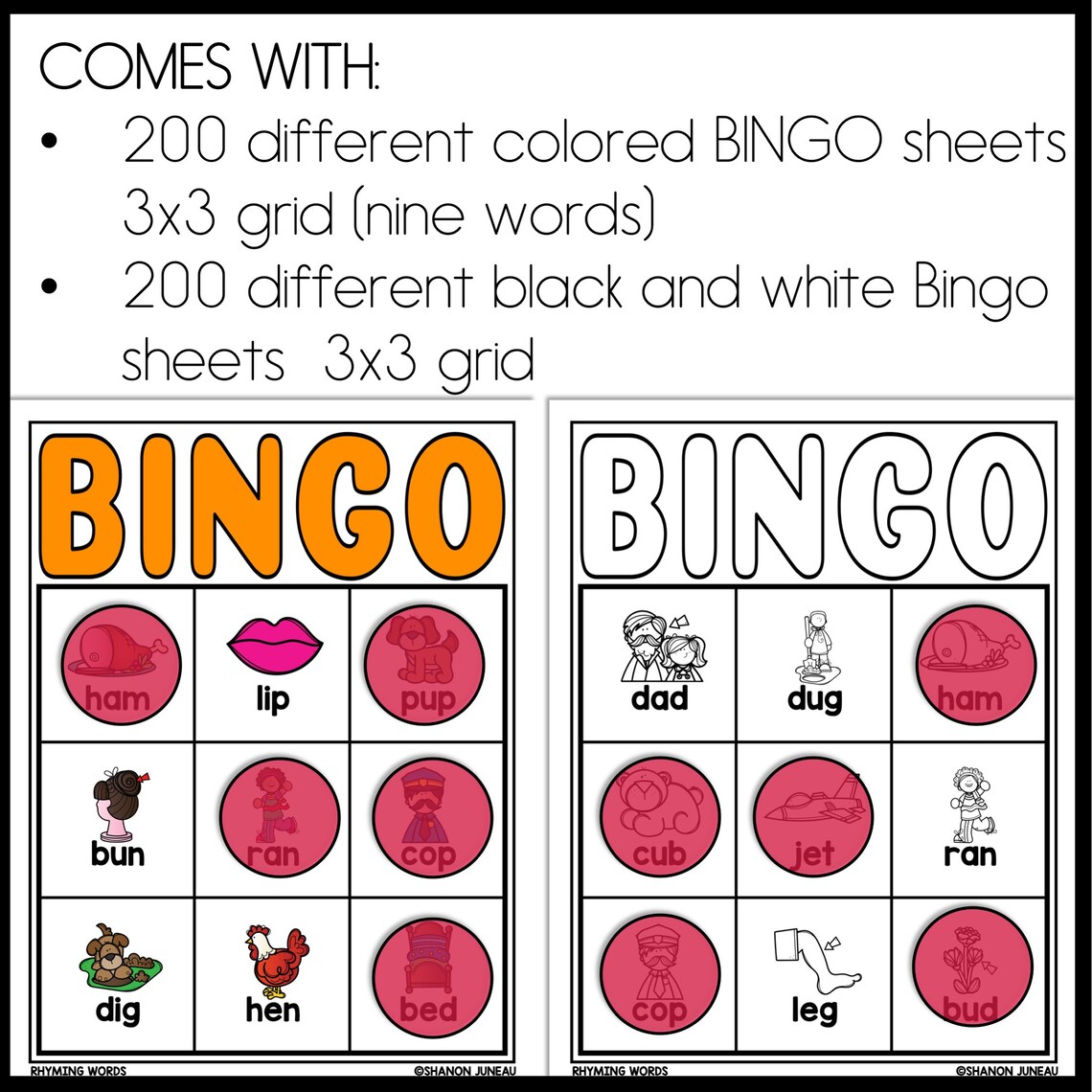 Rhyming Words Bingo Game Cards, 1st Grade Sight Words, Bingo Short ...