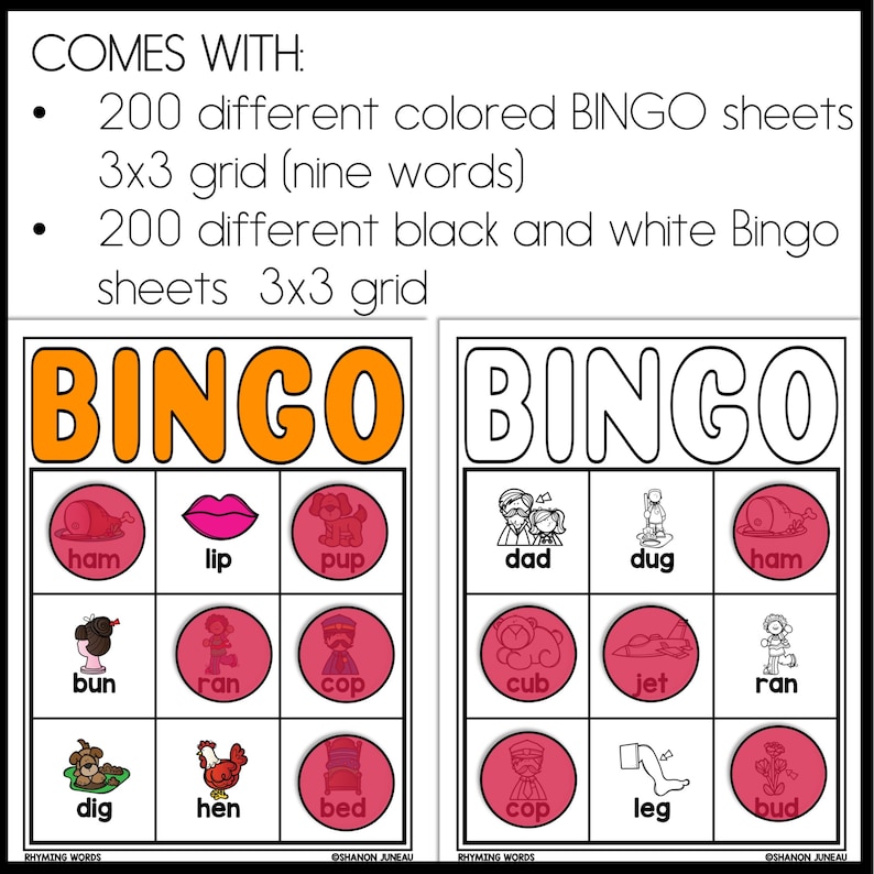 Rhyming Words Bingo Game Cards, 1st Grade Sight Words, Bingo Short ...