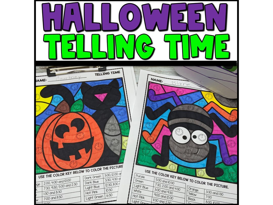 Halloween Telling Time Color by Number Worksheets, Color by Code ...