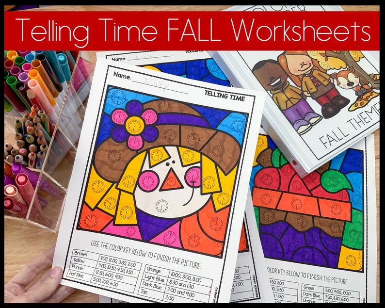 FALL Telling Time Color by Number Worksheets - Etsy