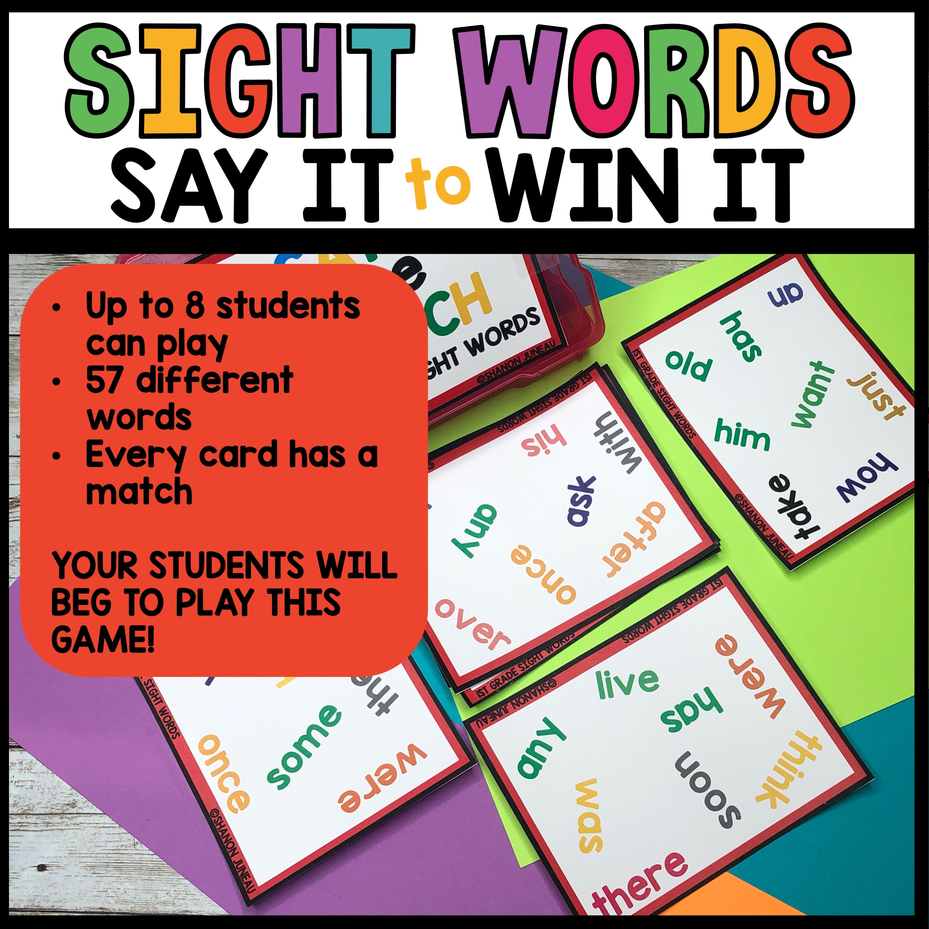 Sight Words Word Game, Say It to Win It Games, Matching Words Card Set ...