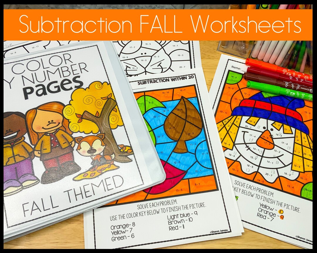 FALL Subtraction Color by Number Worksheets - Etsy