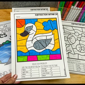 Subtraction Color by Number Worksheets, Color by Code Pond Themed Math ...