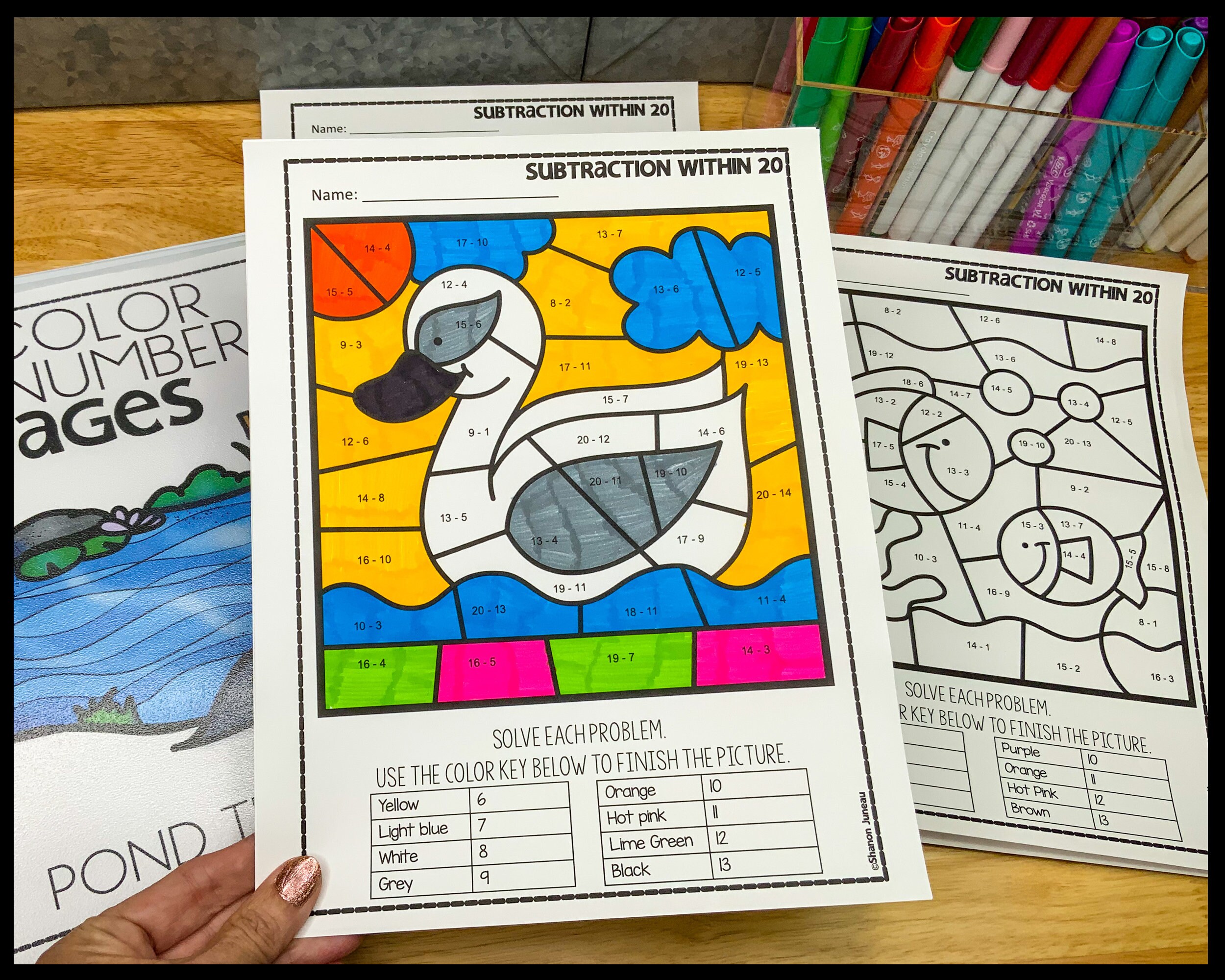 Subtraction Color by Number Worksheets, Color by Code Pond Themed Math ...