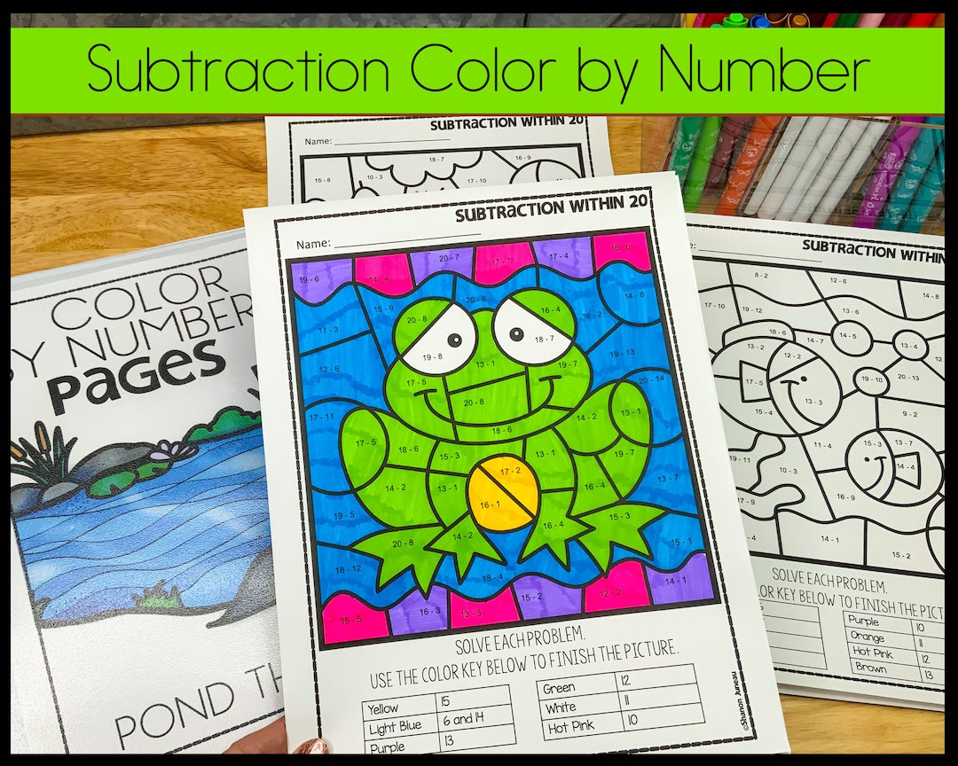 Subtraction Color by Number Worksheets, Color by Code Pond Themed Math ...