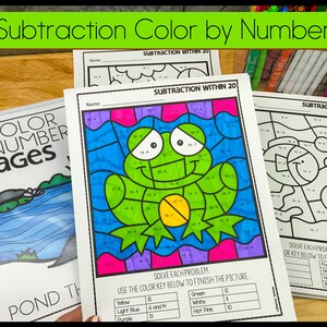 Subtraction Color by Number Worksheets, Color by Code Pond Themed Math ...