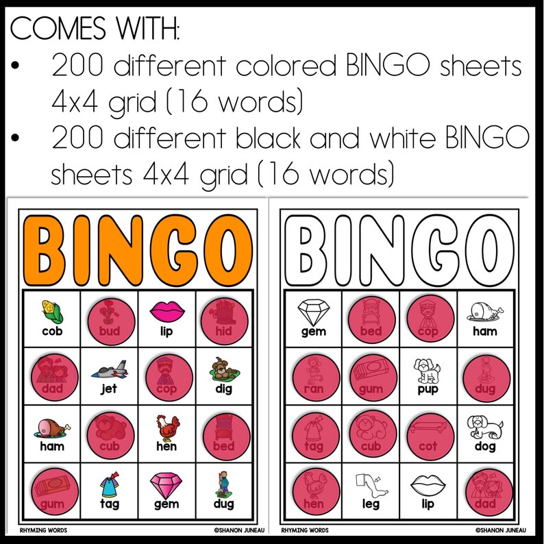 Rhyming Words Bingo Game Cards, 1st Grade Sight Words, Bingo Short ...