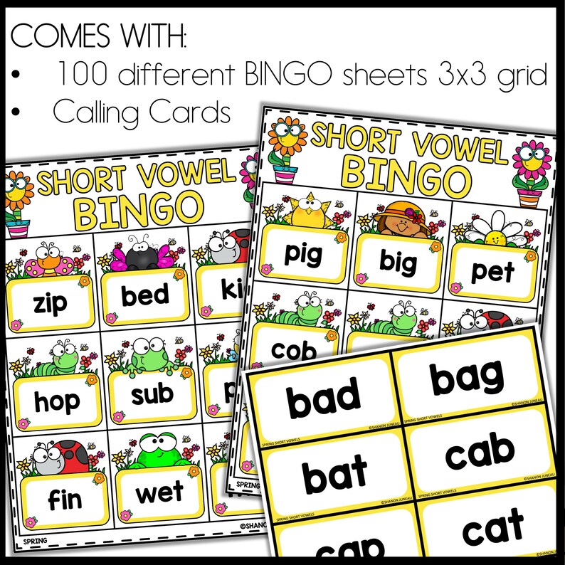 Spring Short Vowel Words Bingo Game Cards, CVC Bingo Game Cards - Etsy