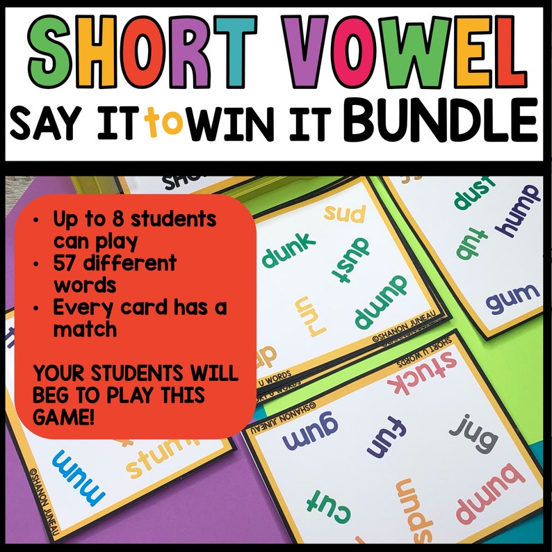Short Vowel Word Game, Matching CVC Words Game Card Set, Family Game ...