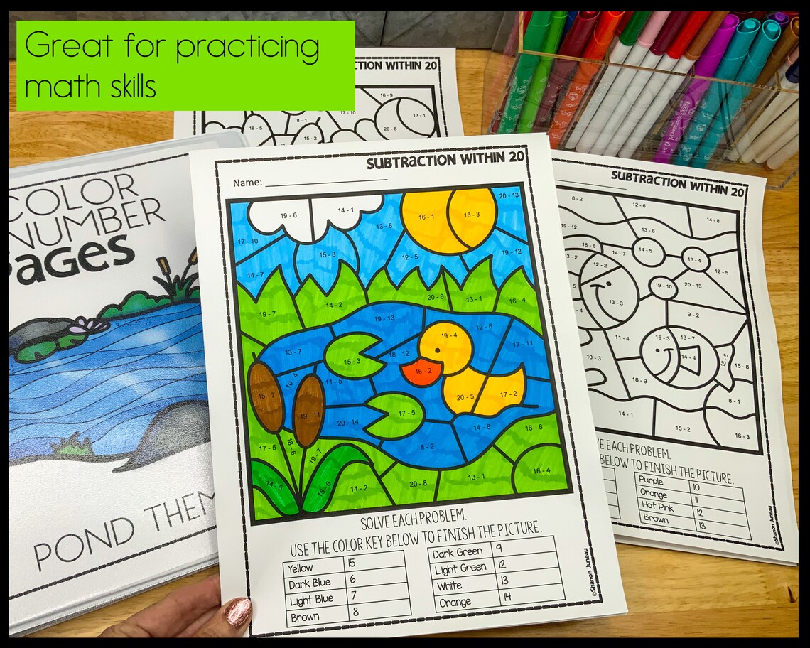 Subtraction Color by Number Worksheets, Color by Code Pond Themed Math ...