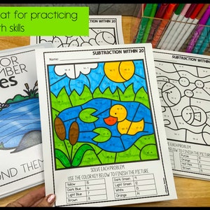 Subtraction Color by Number Worksheets, Color by Code Pond Themed Math ...