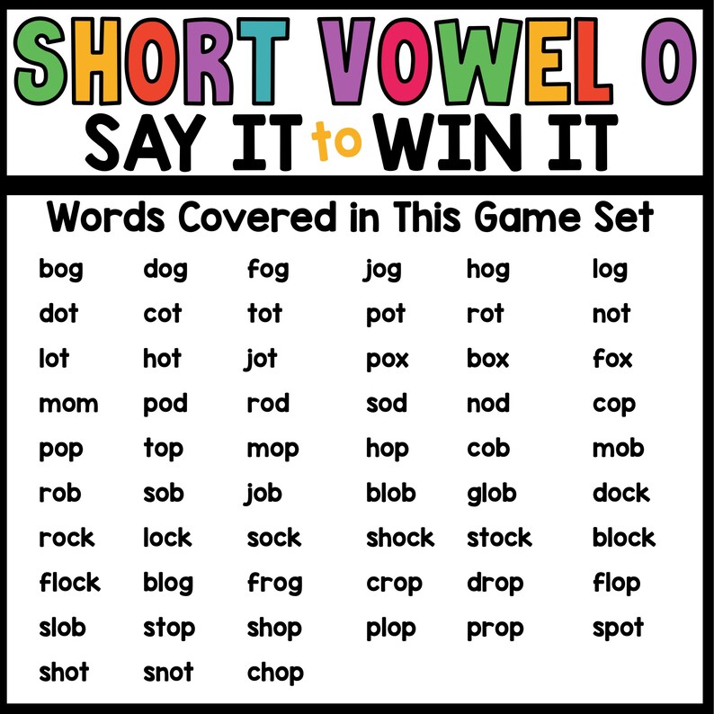 Short Vowel O Word Game, Say It to Win It Games, Matching CVC Words ...