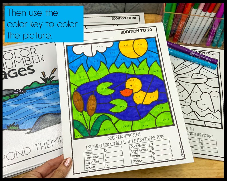 Addition to 20 Color by Number Worksheets, Math Color Pages, Pond Color ...