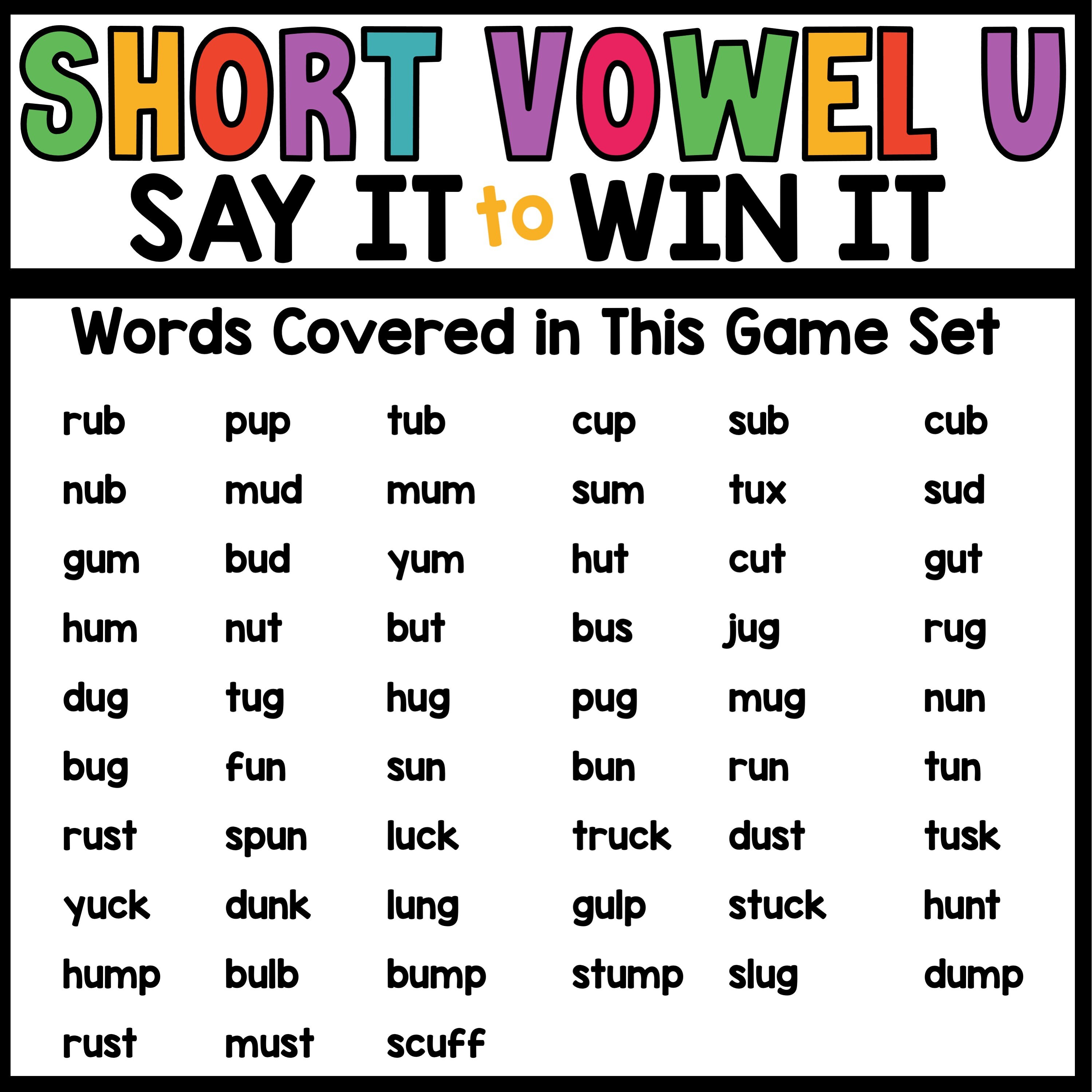 Short Vowel U Word Game, Say It to Win It Games, Matching CVC Words ...