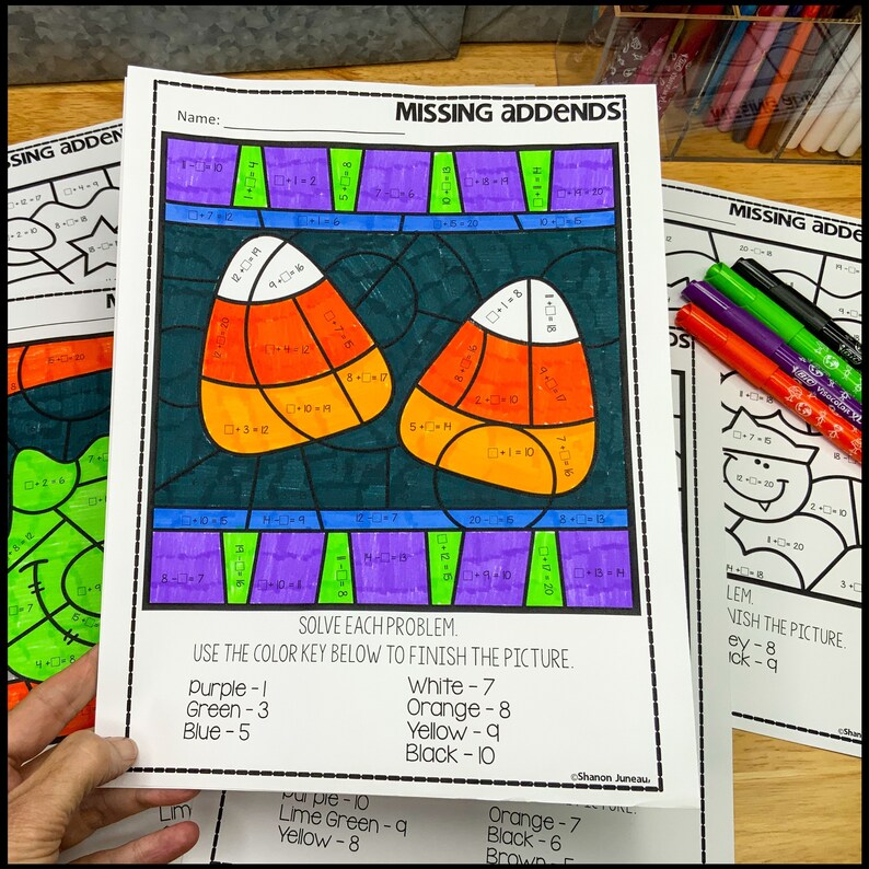 Halloween Missing Addends Color by Number Worksheets, Color by Code ...