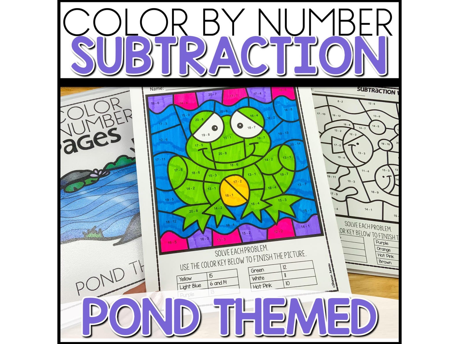 Subtraction Color by Number Worksheets, Color by Code Pond Themed Math ...
