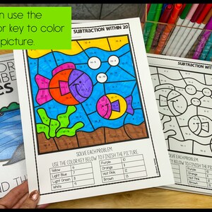 Subtraction Color by Number Worksheets, Color by Code Pond Themed Math ...