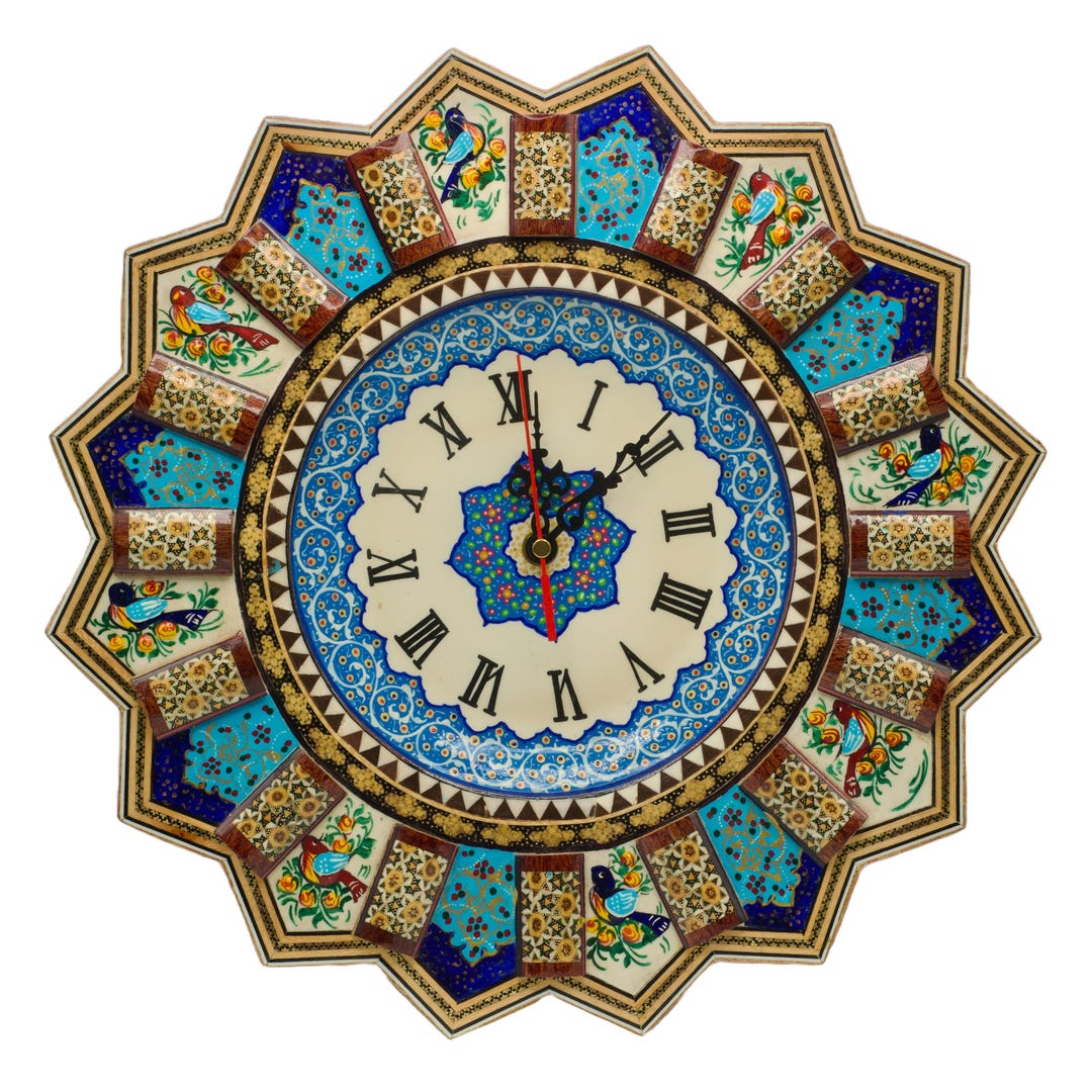 Vintage Persian Handmade Clock / Khatamkari wood Inlay and Minakari ...
