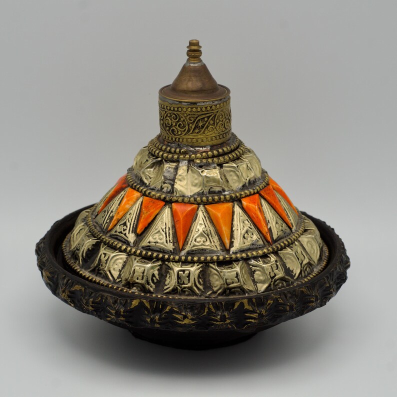 Antique Moroccan Berber Metalwork and Inlaid Bone Tajine - Handmade ...
