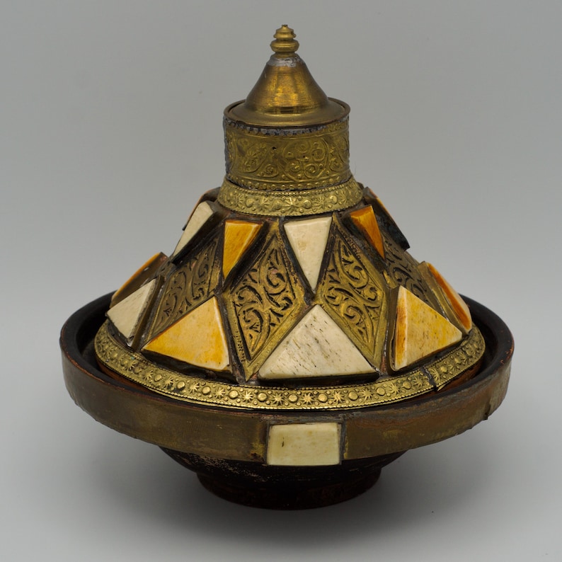 Antique Moroccan Berber Metalwork and Inlaid Bone Tajine - Handmade ...